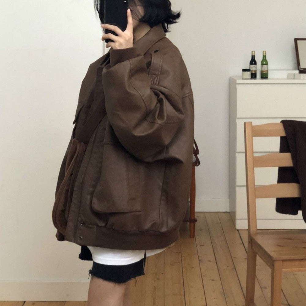 Big Pocket Lapel Neck Quilted Leather Jacket | fairypeony