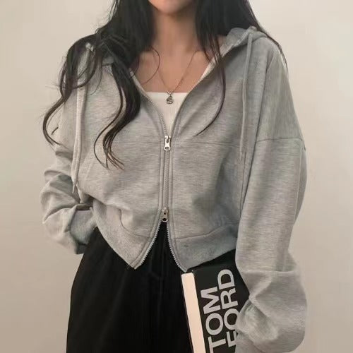 Solid Color Oversized Crop Zip Up Hoodie | fairypeony