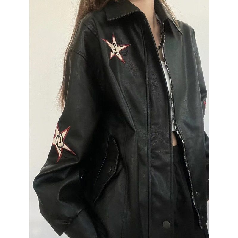 Vintage Embroidered Star Pu Leather Jacket | fairypeony
