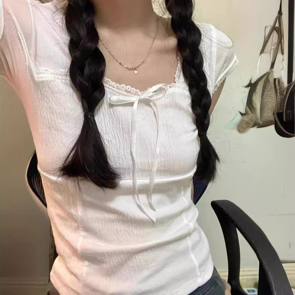 Lace Trim Square Neck Bow Tee | fairypeony