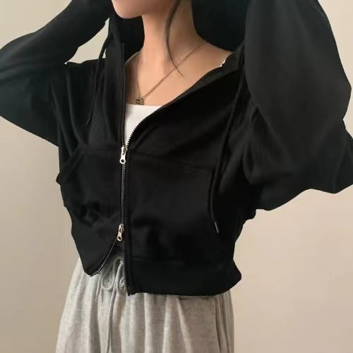 Solid Color Oversized Crop Zip Up Hoodie | fairypeony