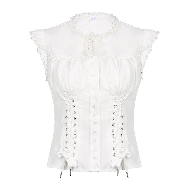 Button Down Broidered Lace Crop Blouse | fairypeony